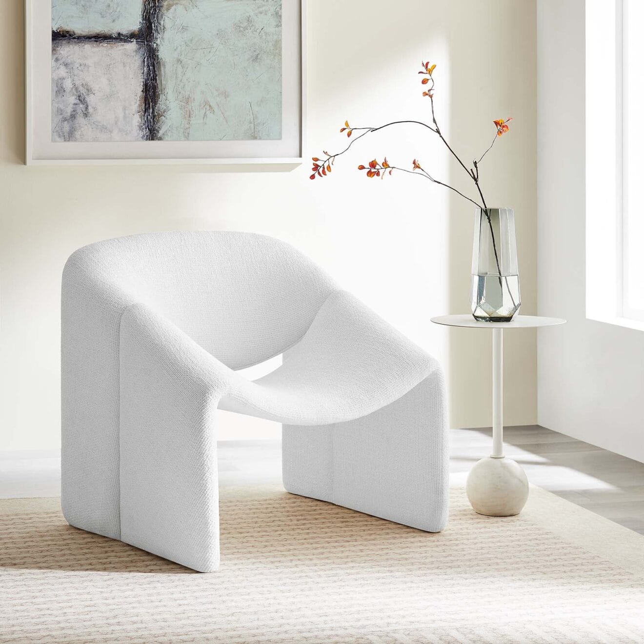 Contemporary Unique Curve Textured White Chenile Accent Chair ...